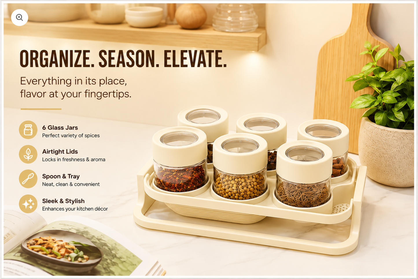 Spice Zone Premium 6-Jar Spice Organizer Set with Airtight Lids & Stor ...