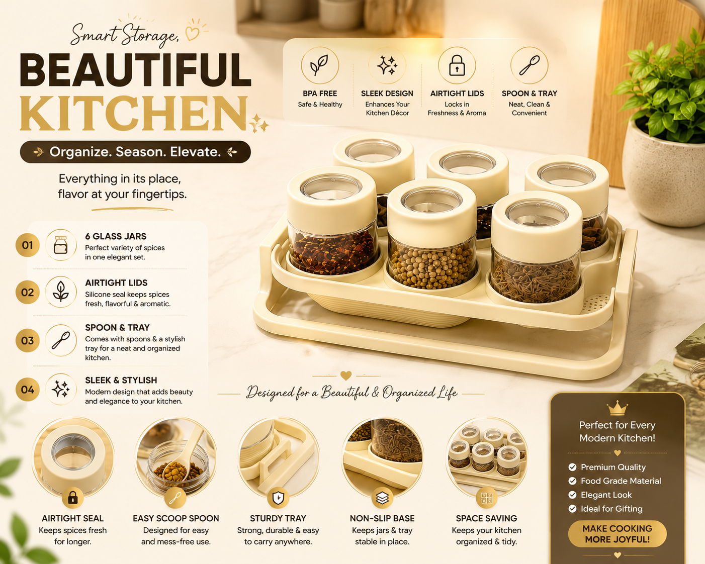 Spice Zone Premium 6-Jar Spice Organizer Set with Airtight Lids & Stor ...
